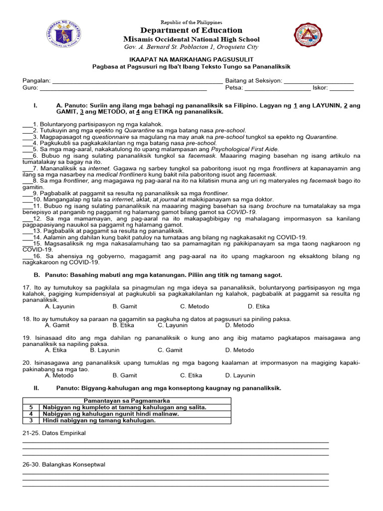 4th Quarter TQ - FINAL EXAM (Pagbasa at Pagsusuri) | PDF 4th Quarter TQ - FINAL EXAM (Pagbasa at Pagsusuri) | PDF