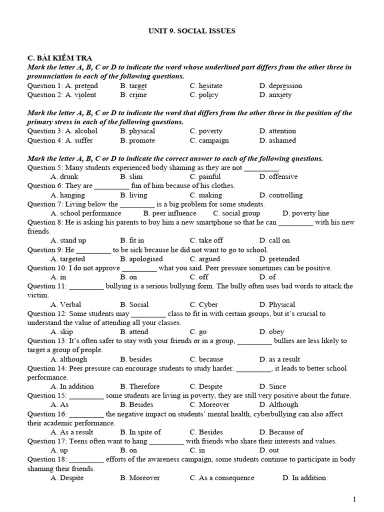 TEST UNIT 9 Lop11 | PDF | Bullying | Cyberbullying