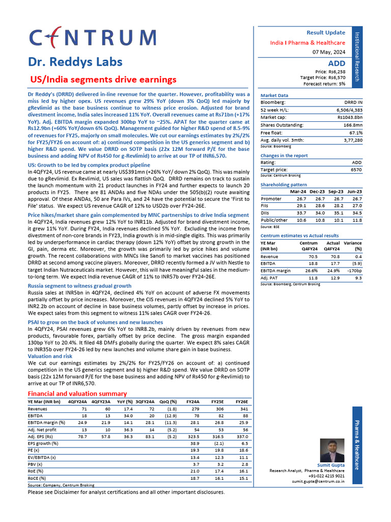 Centrum Sees 5% UPSIDE in Dr Reddys Labs US India Segments Drive | PDF ...