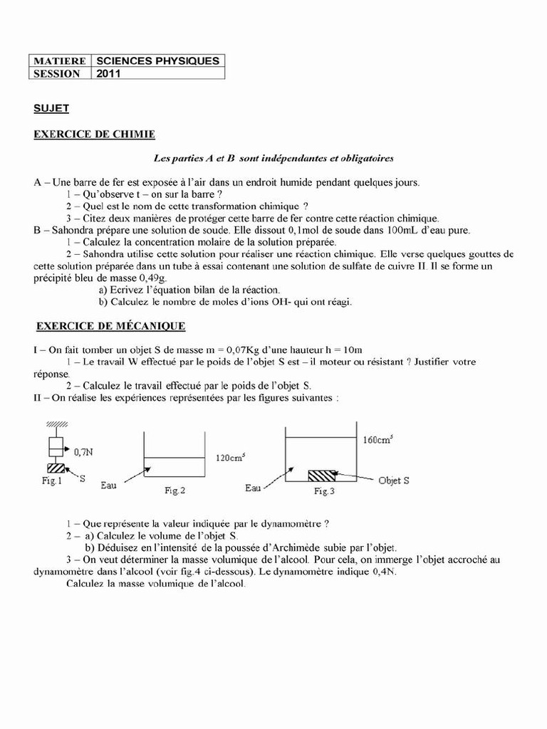 Sujet Bepc 2011 Physique Chimie Madagascar | PDF