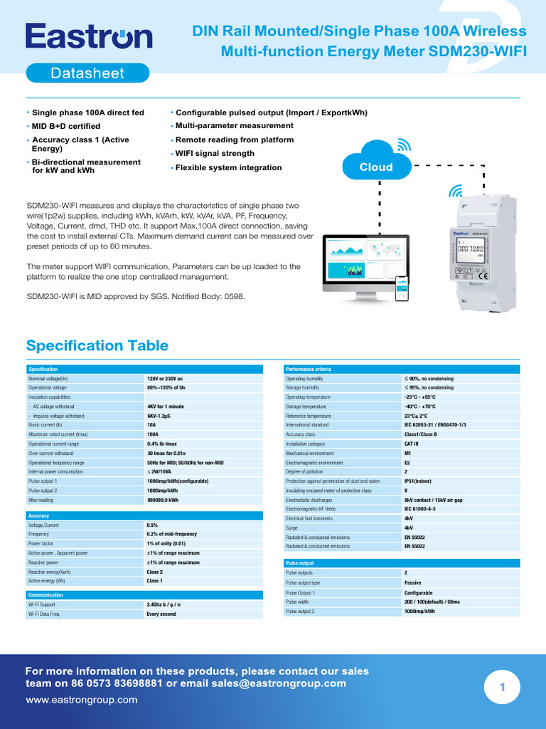 EASTRON SDM230-WIFI Din Rail Mounted Single Phase 100A Wireless Multi ...