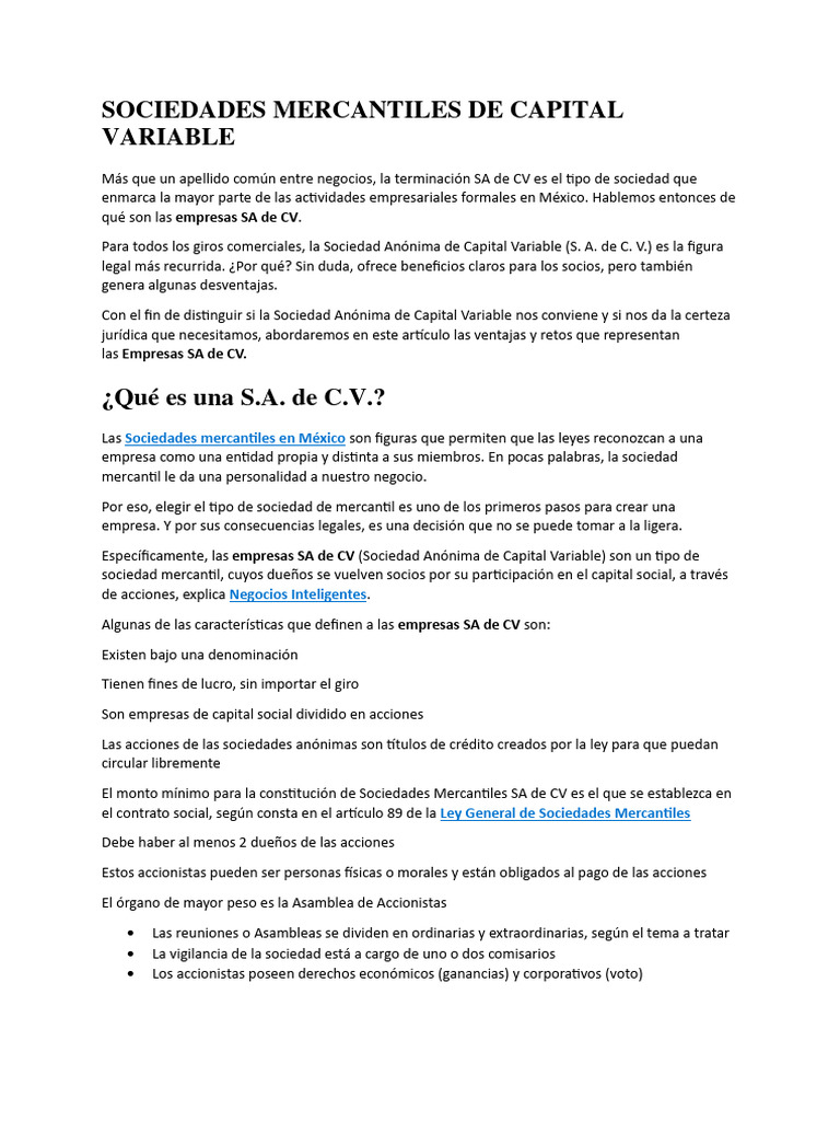 Sociedades Mercantiles de Capital Variable | PDF | Compartir (Finanzas) | Sociedad de ...