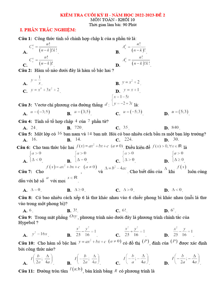De Thi Hk2 Toan 10 KNTT de 2 | PDF