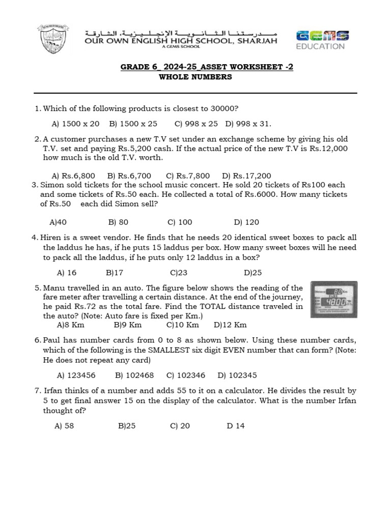 Gr6 - 2024-25 - Asset Worksheet 2 - Whole Numbers | PDF | Business ...