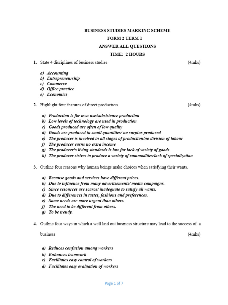 Form 2 - Business Studies - Marking Scheme | Download Free PDF ...