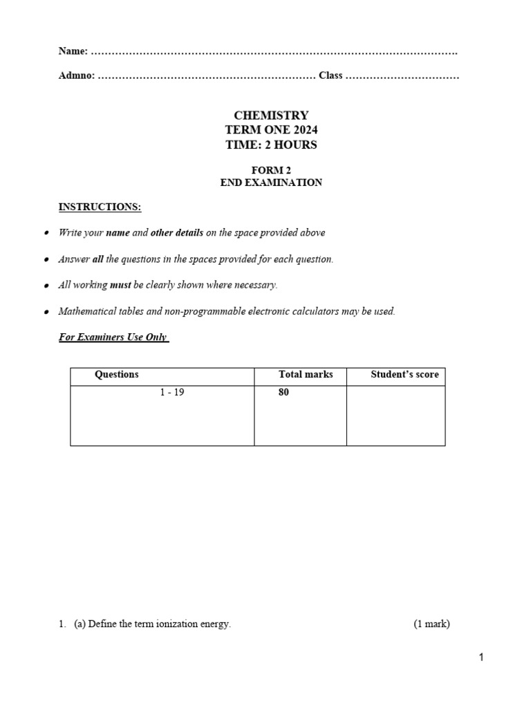 Form 2 - Chemistry - Question Paper | PDF | Solubility | Acid