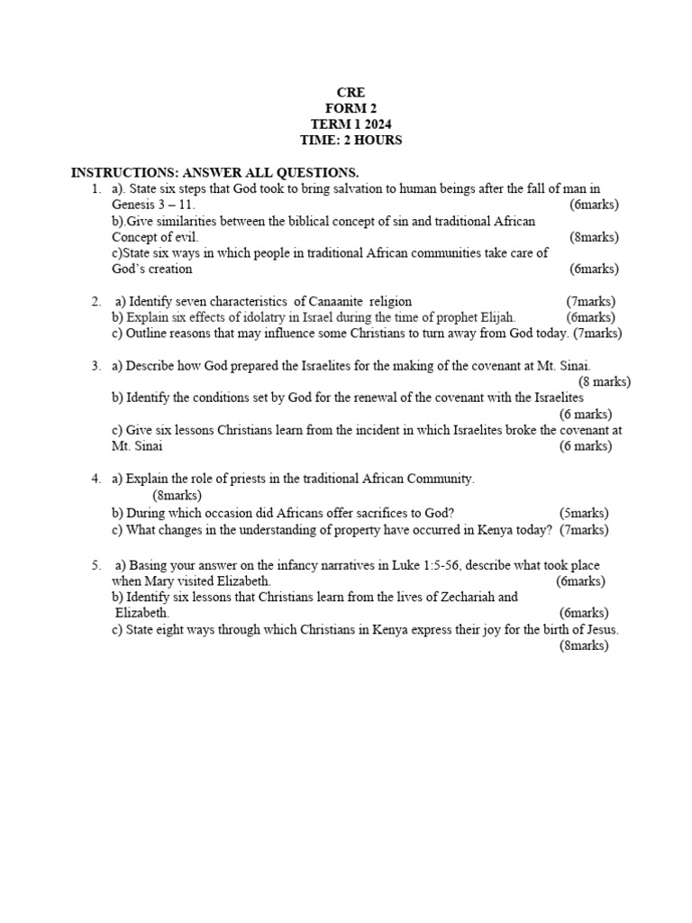 Form 2 - CRE - Question Paper | PDF | Covenant (Biblical) | Nativity Of ...