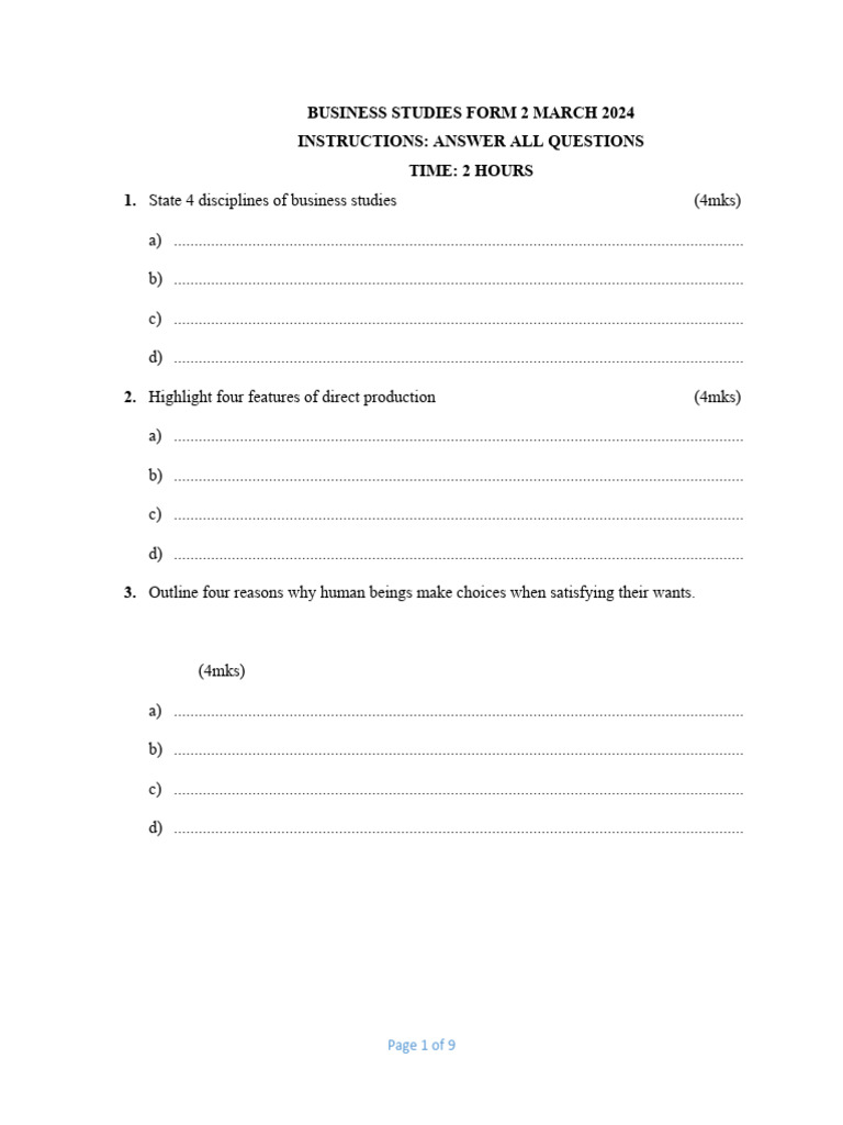 Form 2 - Business Studies - Question Paper | PDF | Business Economics ...