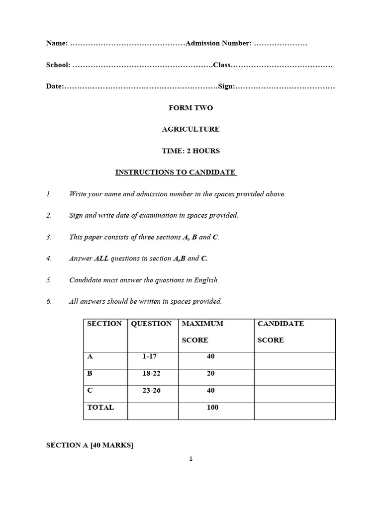 Form 2 - Agriculture - Question Paper | PDF | Botany | Agricultural Science