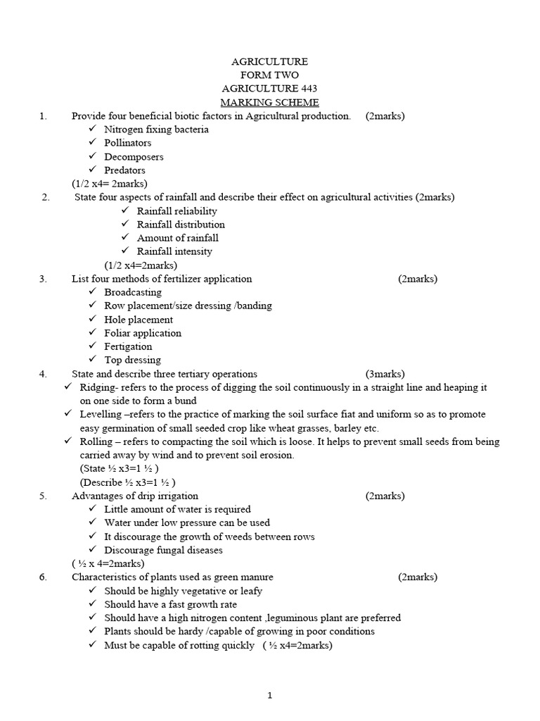 Form 2 Agriculture - Marking Scheme | PDF | Agriculture | Organic Farming