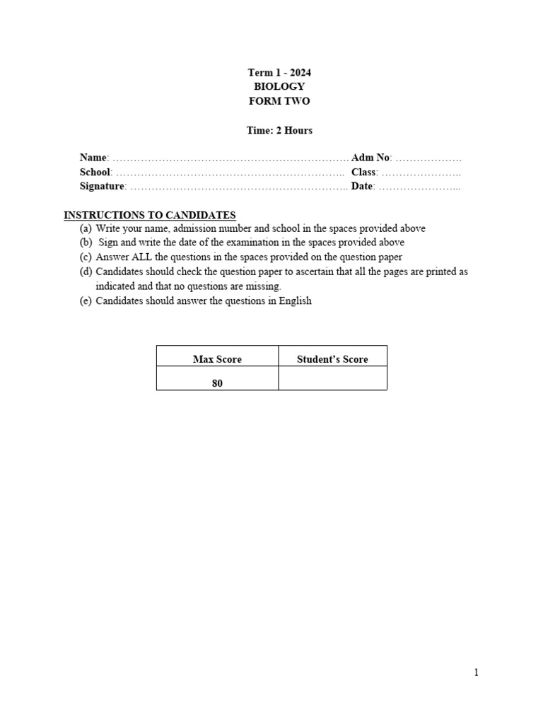 Form 2 - Biology - Question Paper | PDF | Tissue (Biology) | Life Sciences