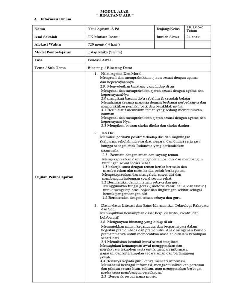 MODUL AJAR BINATANG AIR | PDF