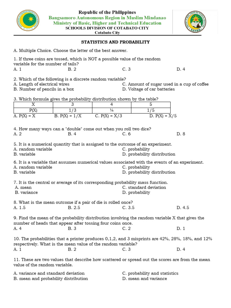 Statistics and Probability TQQ3W1-4 | PDF | Variance | Probability Distribution