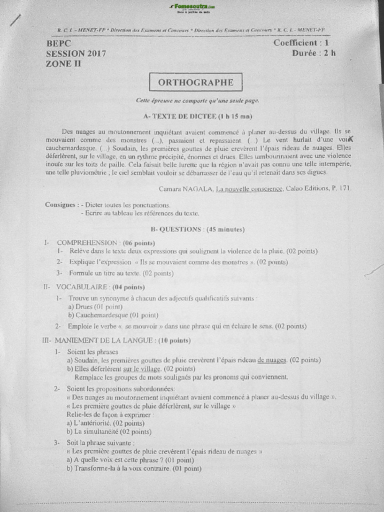 612b7c83ce3b0sujet Corrige Et Bareme d Orthographe Bepc 2017 Zo | PDF