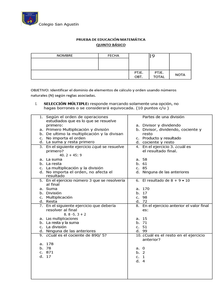 Prueba Quinto Divisiones y Operaciones Combinadas | PDF | División ...