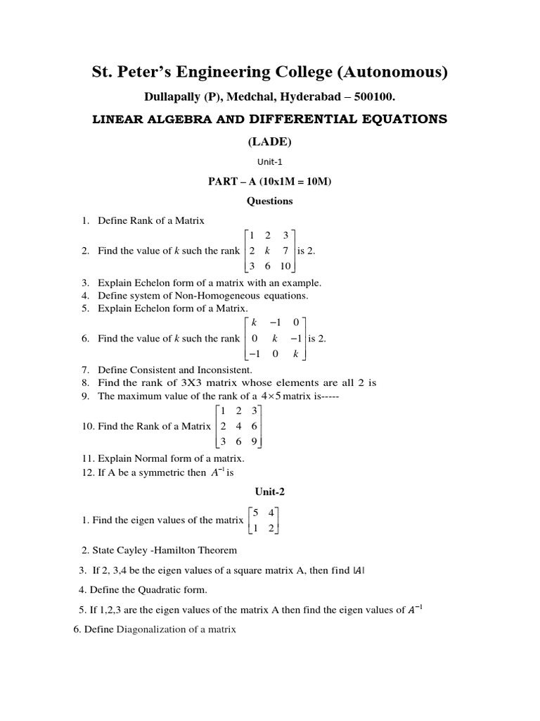 LADE-Important Questions | PDF | Matrix (Mathematics) | Eigenvalues And Eigenvectors
