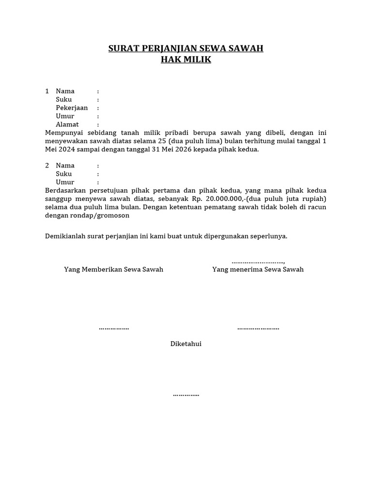 Contoh Surat Perjanjian Sewa Sawah | PDF