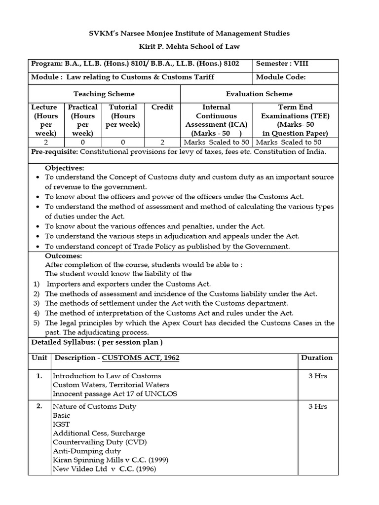 Customs Law Course Overview and Syllabus | PDF | Customs | Tariff