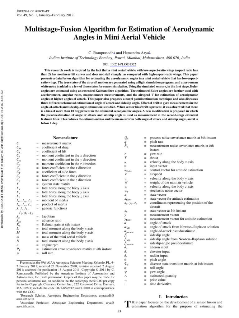 Multi-Stage Fusion Algorithm For Estimation of Aerodynamic Angles in Mini Aerial Vehicle | PDF ...