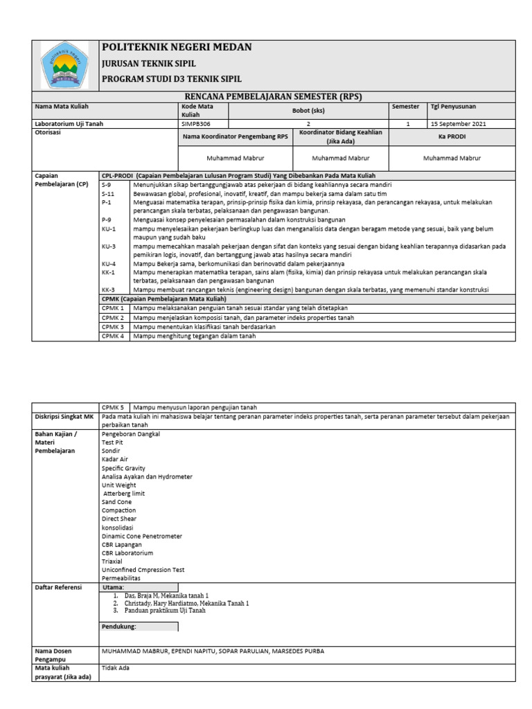 RPS Lab Uji Tanah D3 2021 | PDF