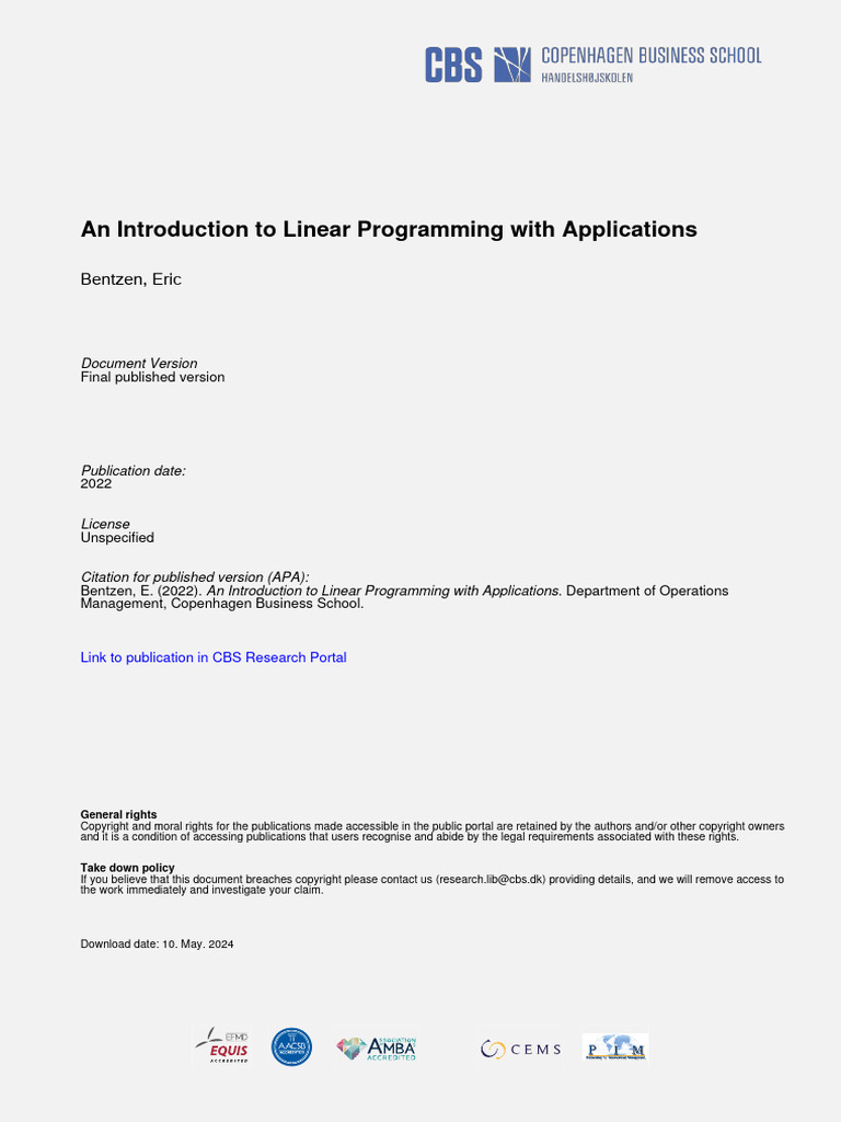 An Introduction To Linear Programming With Applications: Bentzen, Eric ...