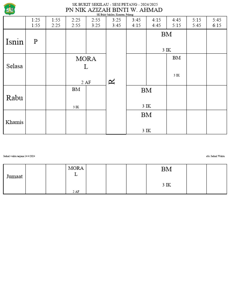 Jadual Waktu Guru Sesi PTG Skbs 14 April 2024 | PDF