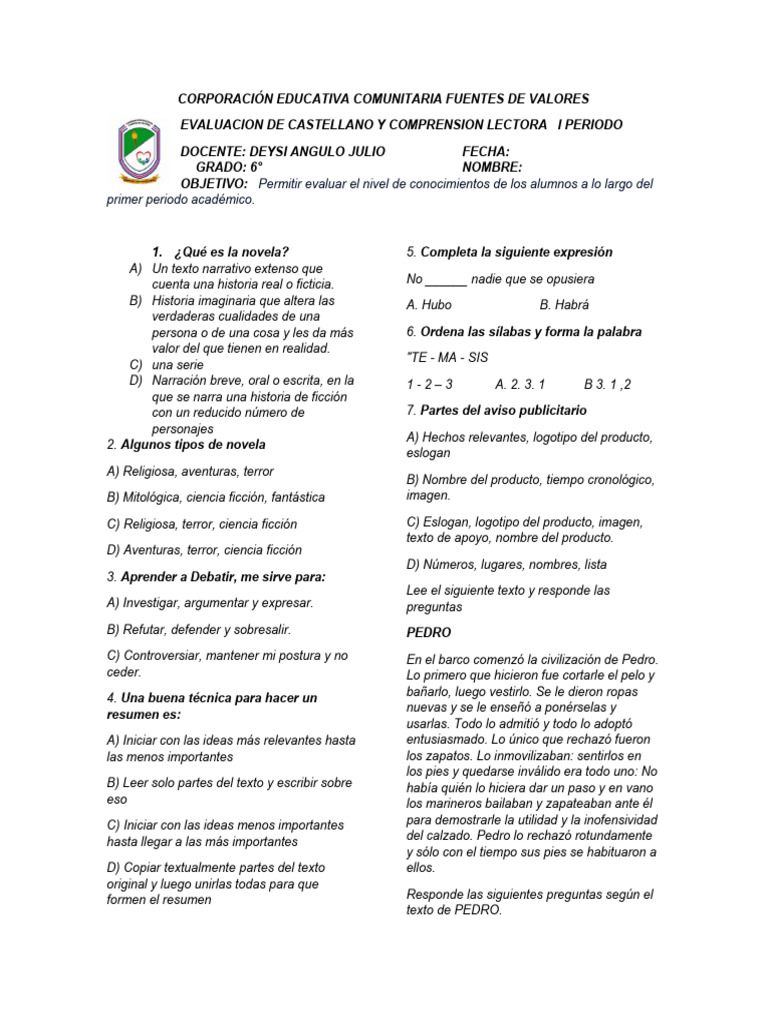 Examen de Castellano 6 Grado | PDF | Narración | Ciencia ficción