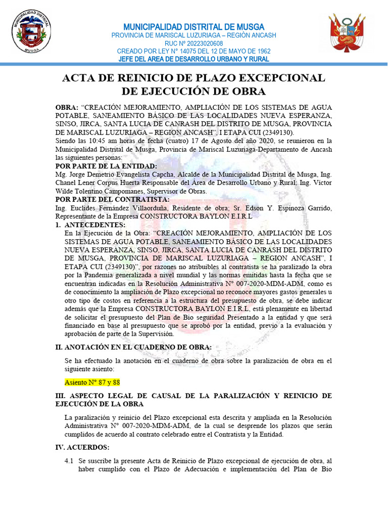 Acta de Reinicio de Plazo Excepcional Sinso | PDF | Derecho