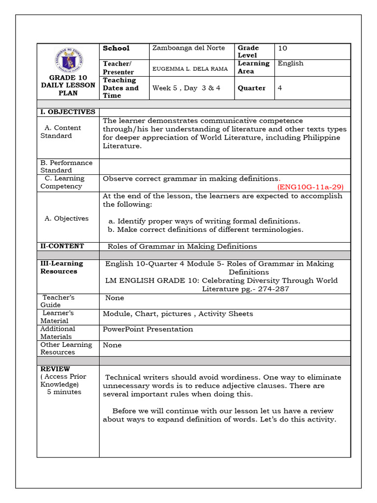 Grade 10 English Lesson Plan: Definitions | PDF | Definition | Word