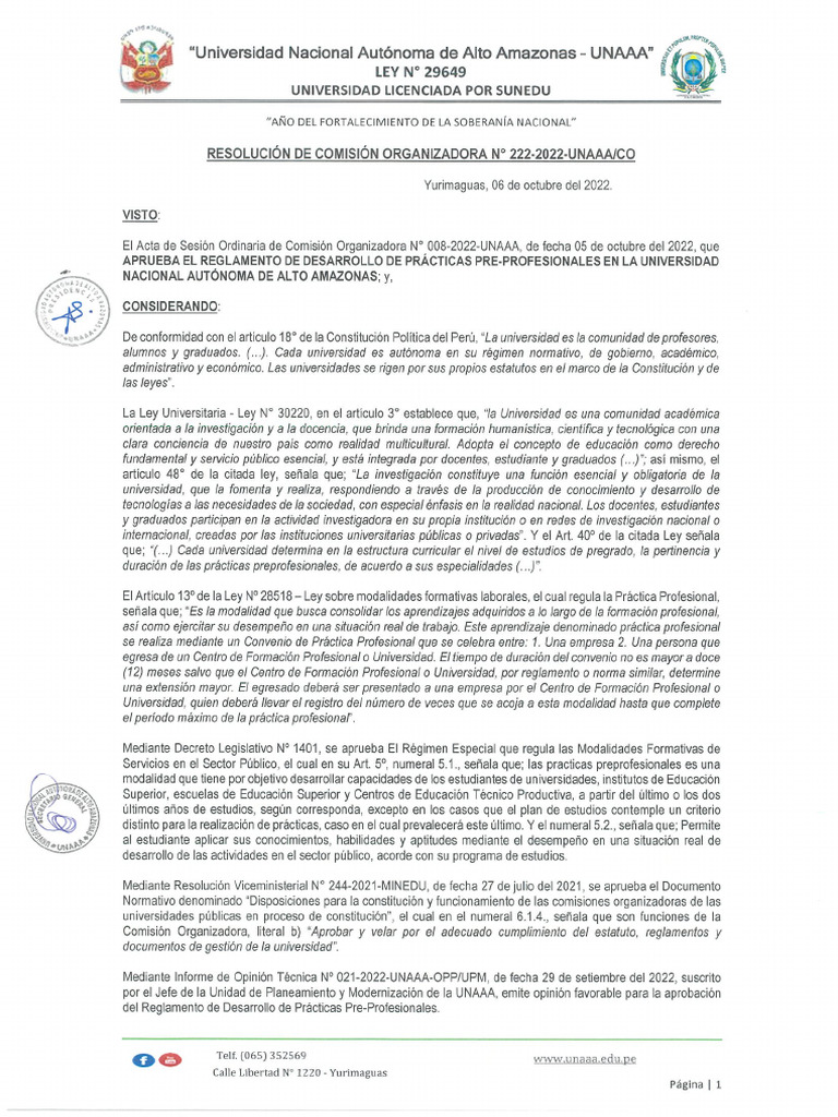 RN° 222-2022-Aprobar El Reglamento de Desarrollo de Practicas ...