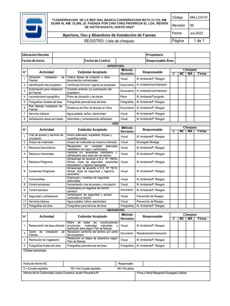 LCH-01 - Lista - De.chequeo - Instalación de Faenas - Rev.00 | PDF ...