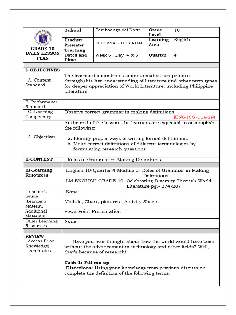 Observe Correct Grammar in Making Definitions | PDF | Subject (Grammar) | Information