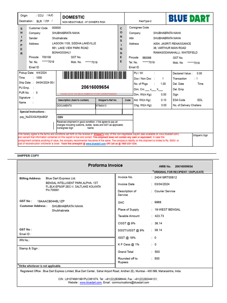 Bluedart HUF Doc Kolkata-Bangalore | Download Free PDF | Trade | Payments