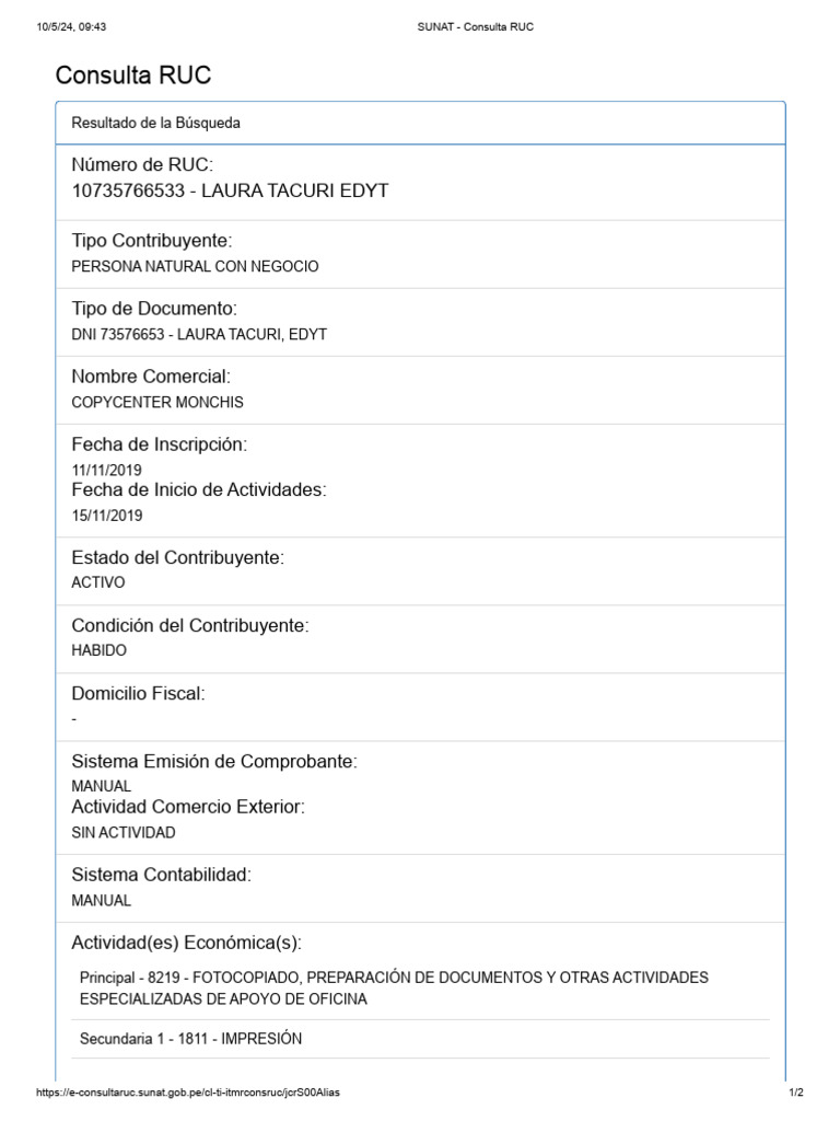 Datos RUC de Laura Tacuri Edyt | PDF | Negocios | Derecho