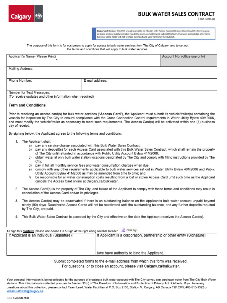 Bulk Water Sales Contract Application | PDF | Fee