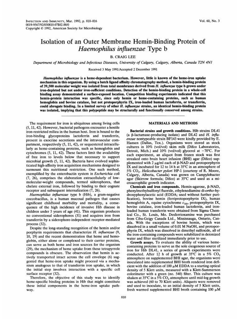 Isolation of An Outer Membrane Hemin-Binding Protein of Heamophilus ...