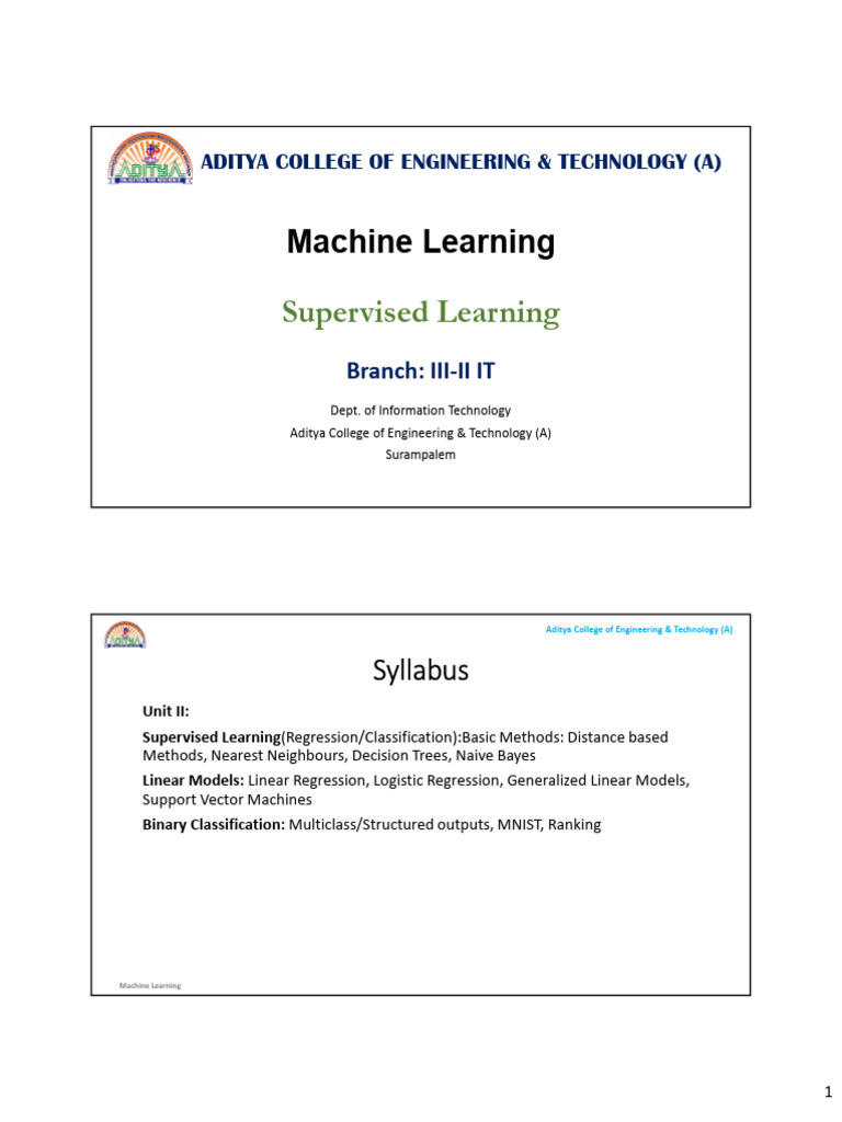 Unit II - 2 - Supervised Learning | PDF | Statistical Classification | Machine Learning