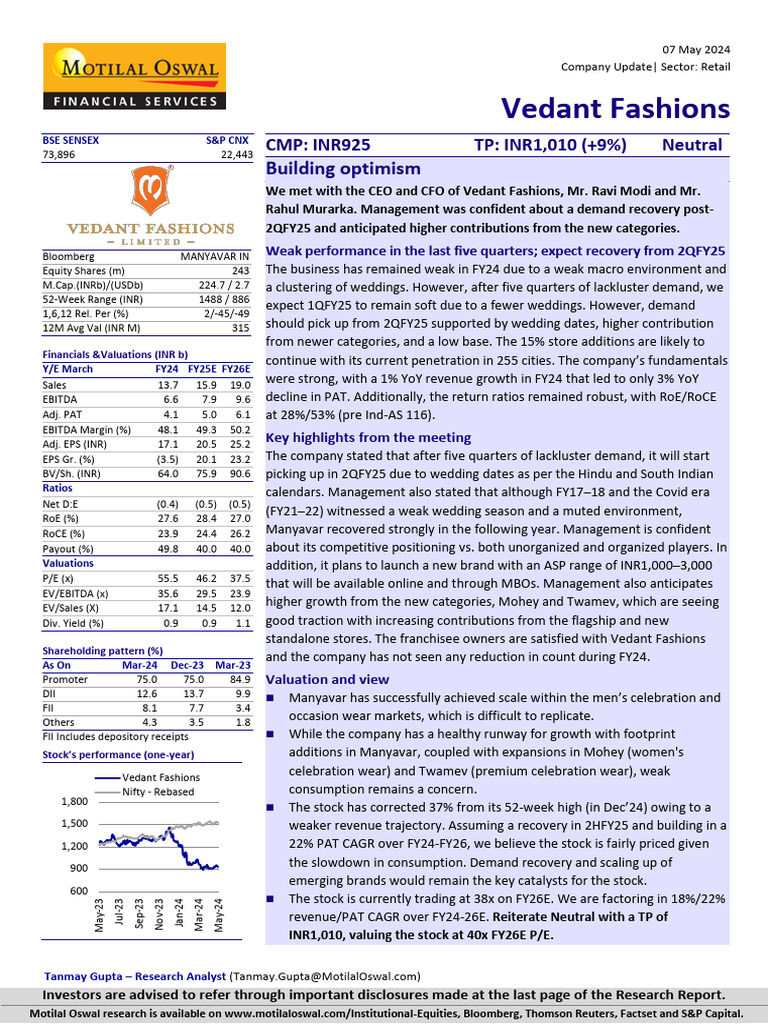 Vedant Fashions Q1FY25 Recovery Outlook | PDF | Debt | Investing