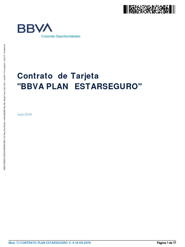 Contrato de Tarjeta "Bbva Plan Estarseguro": Julio 2019 | PDF | Tasa de porcentaje anual | Bancos