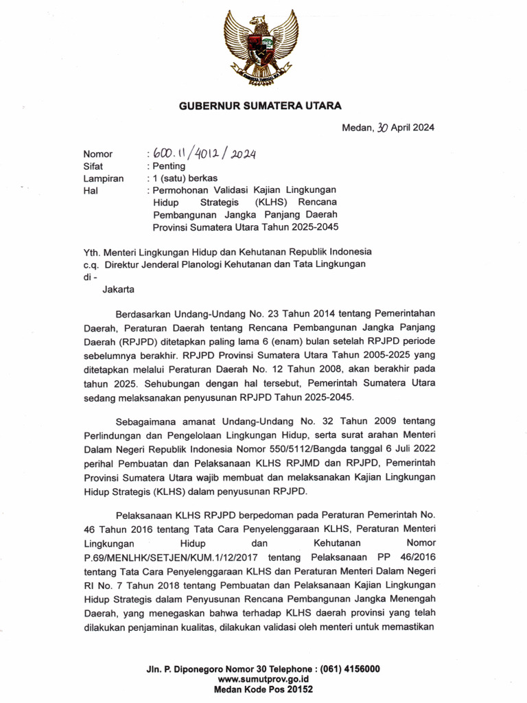 Surat Permohonan Validasi KLHS RPJPD Sumatera Utara Tahun 2025-2045 | PDF