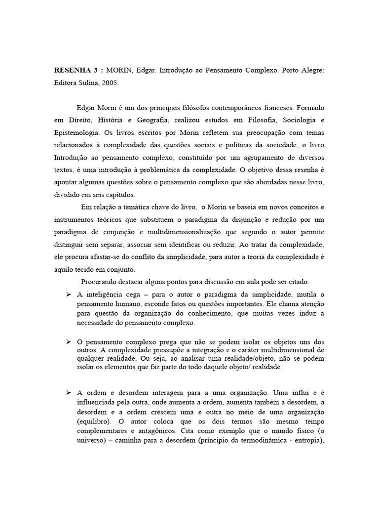 Resenha - Texto 3 (MORIN, Edgar) | PDF | Complexidade | Science