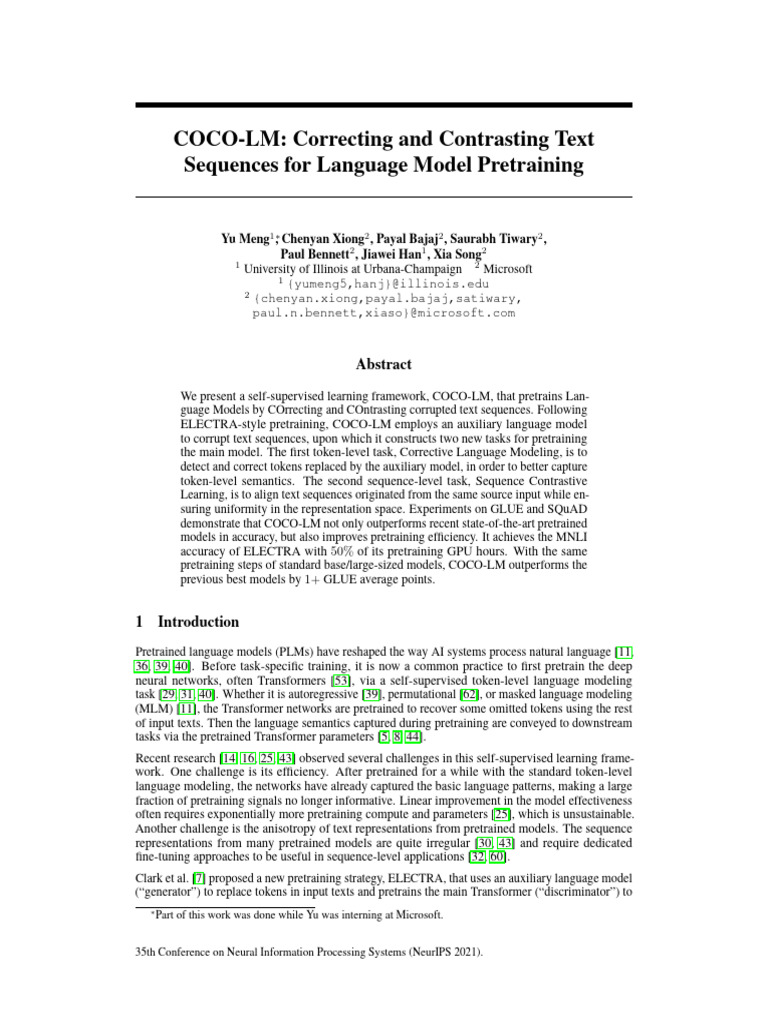 NeurIPS 2021 Coco LM Correcting and Contrasting Text Sequences For Language Model Pretraining ...
