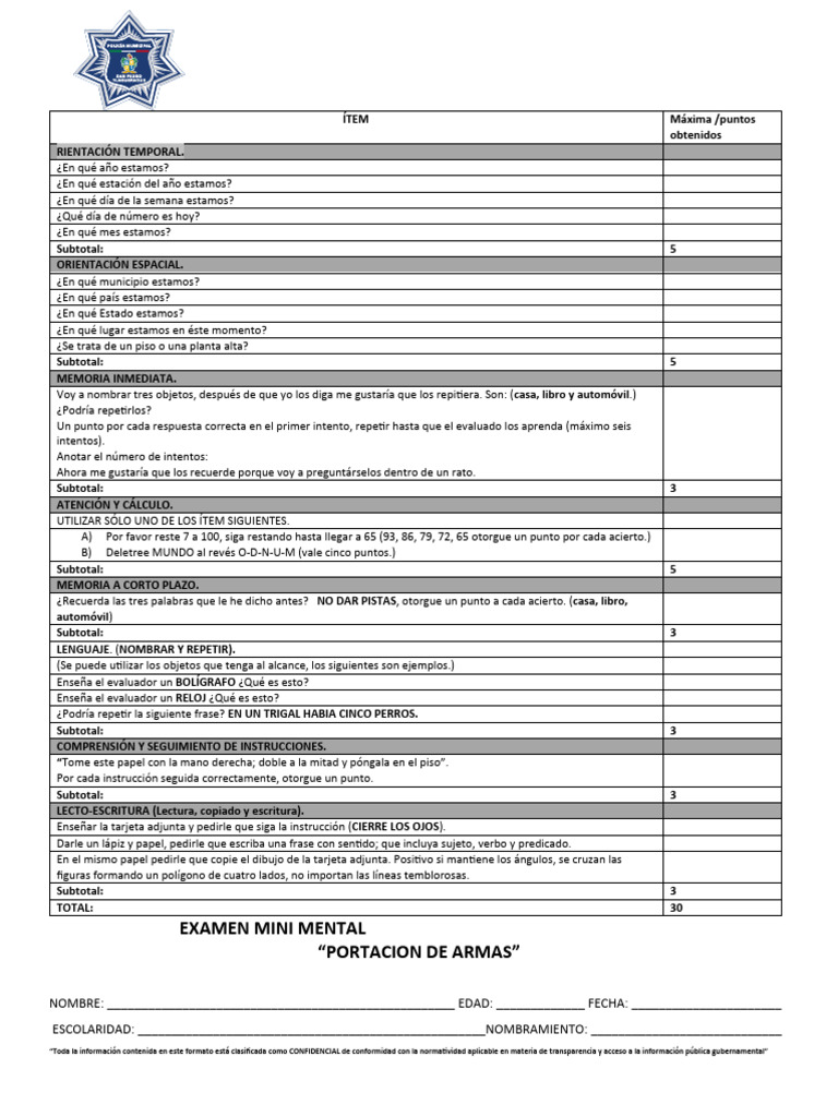 Examen Mini Mental Español | PDF | Procesos mentales | Sicología