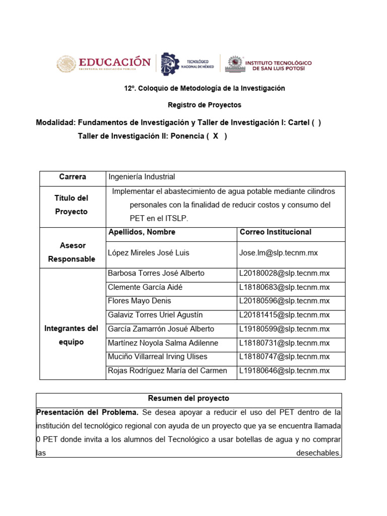Equipo 1 Proyecto Abastecimiento de Agua en Cilindro Personal | PDF | Agua | El plastico