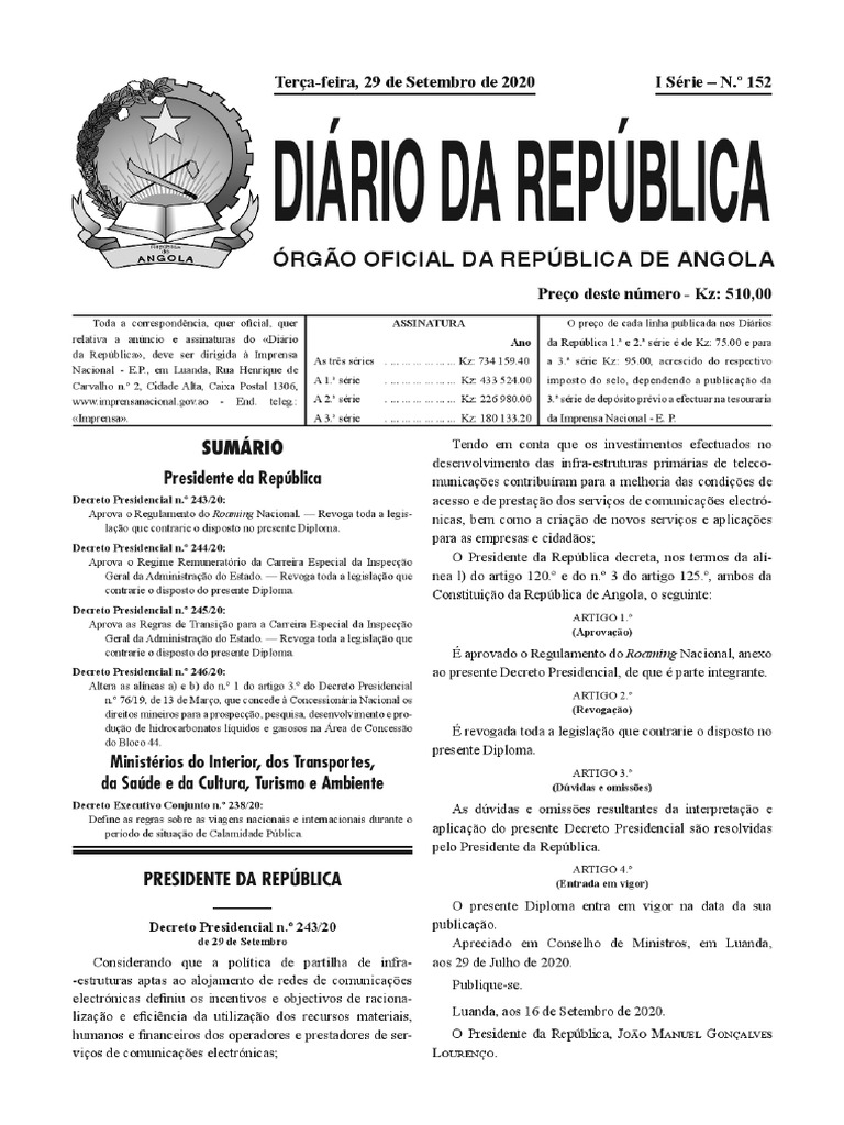Dec Presidencial #244 e 245 - 20 de 29 de Setembro Aprova o Regime ...