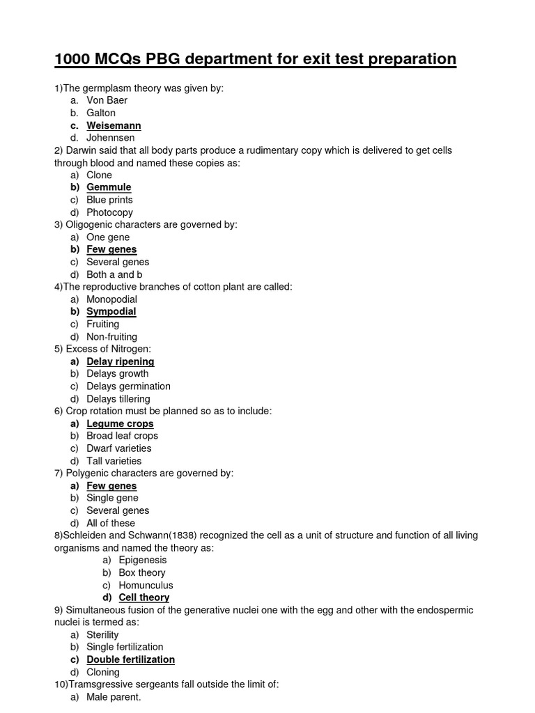 06 1000mcqs PBG Exit Test | PDF | Dominance (Genetics) | Zygosity