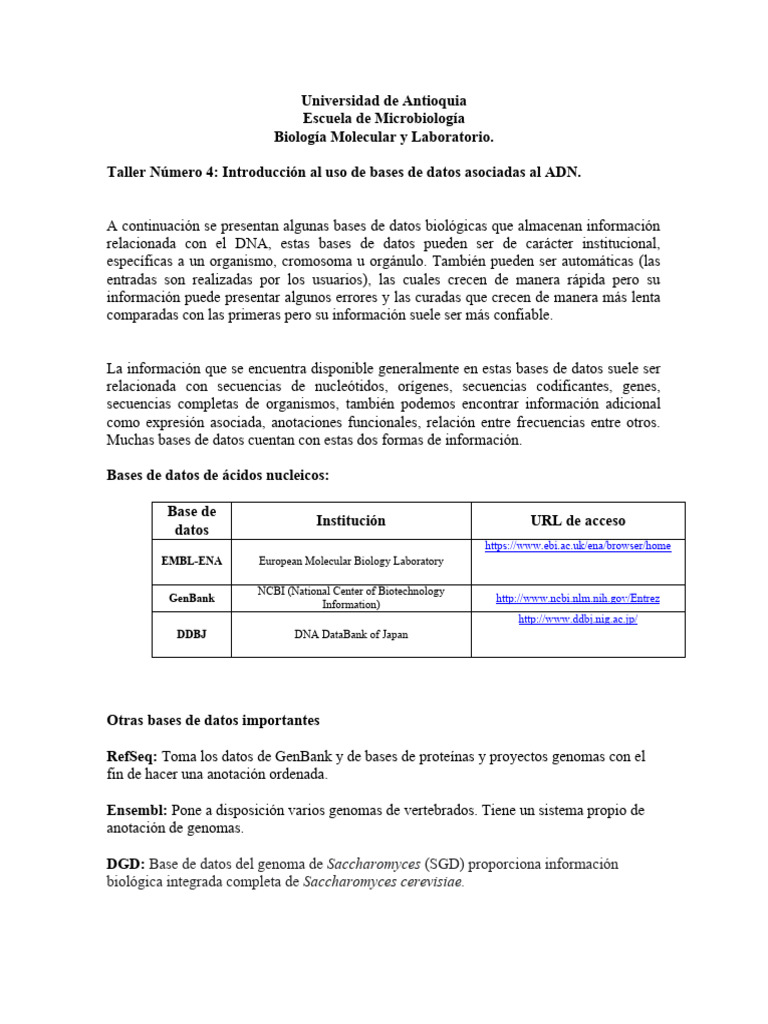 Taller 4 Taller Bases de Datos ADN | PDF | Centro Nacional de Información Biotecnológica | Gen Bank