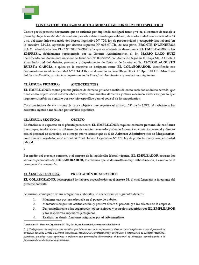 Modelo Contrato de Trabajo Sujeto A Servicio Especifico | PDF | Derecho laboral | Business
