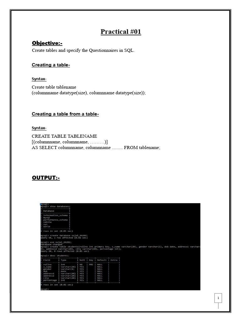 DBMS Lab File-1 | PDF | Table (Database) | Computing DBMS Lab File-1 | PDF | Table (Database) | Computing