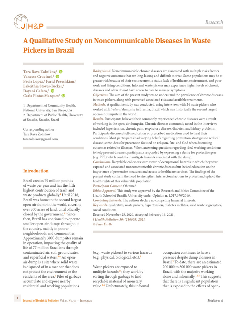 Chronic Diseases in Brazilian Waste Pickers | PDF | Chronic Condition ...